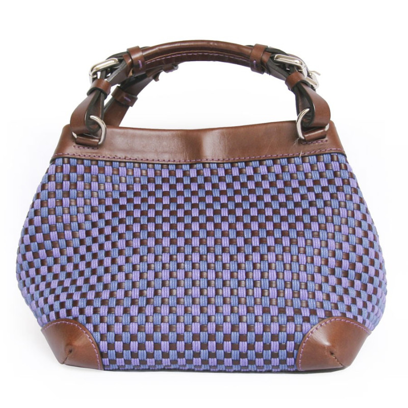 Sac "Cubo" CAROLINE DE MARCHI en cuir marron et raphia tressé violet